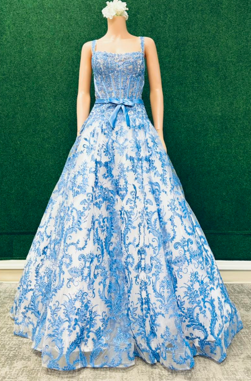 Straps Lace Long Prom Dresses with Ribbon Bow on Waistline – DressesTailor