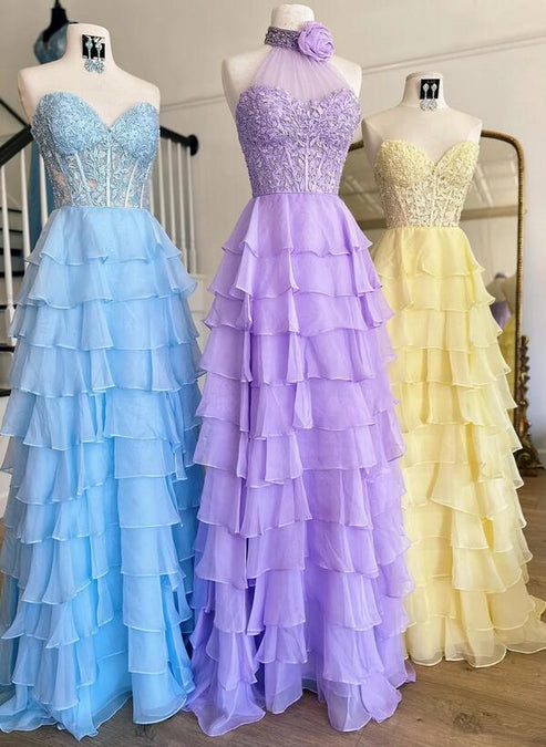 Chiffon Long Prom Dress with Lace Corset Bodice and Ruffle Skirt ...