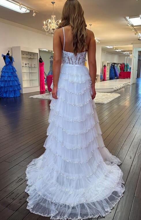 Lace Corset Beaded Long Prom Dress with Ruffle Tulle Skirt Slit ...