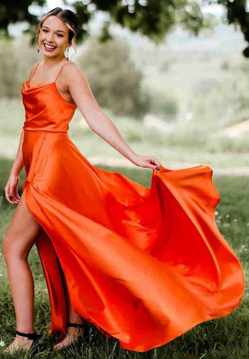 Straps Satin Long Prom Dresses with Slit – DressesTailor