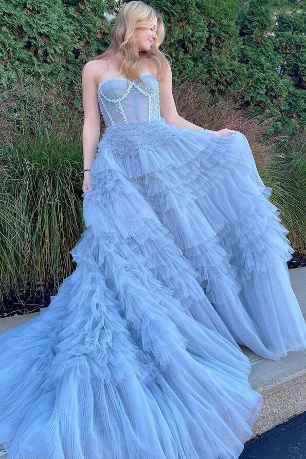 Princess Periwinkle Strapless Tiered Long Prom Dresses – DressesTailor